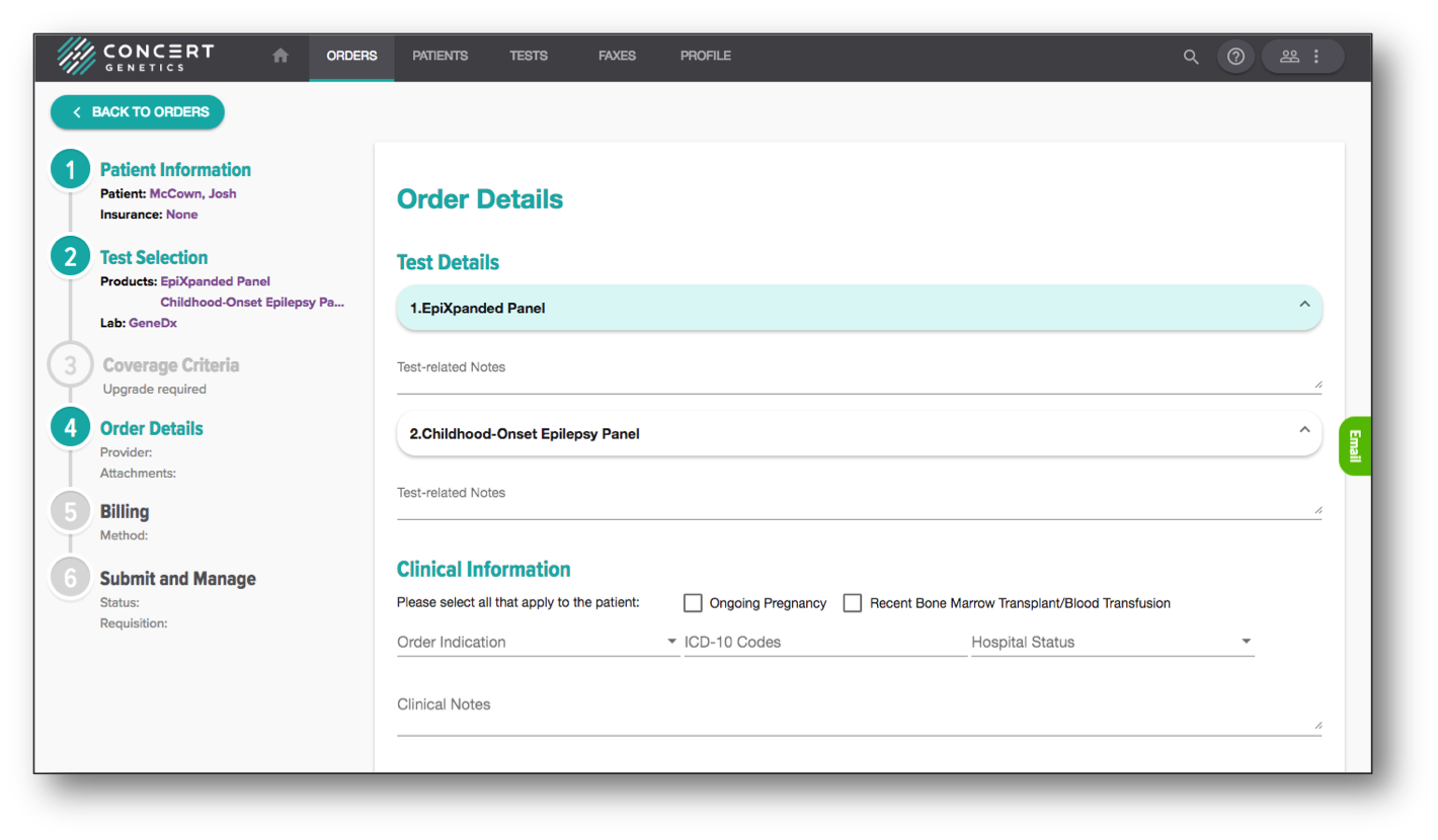 Ordering Workflow · Concert Genetics User Guide