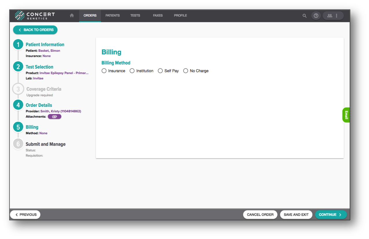 Step 5 Billing · Concert Genetics User Guide