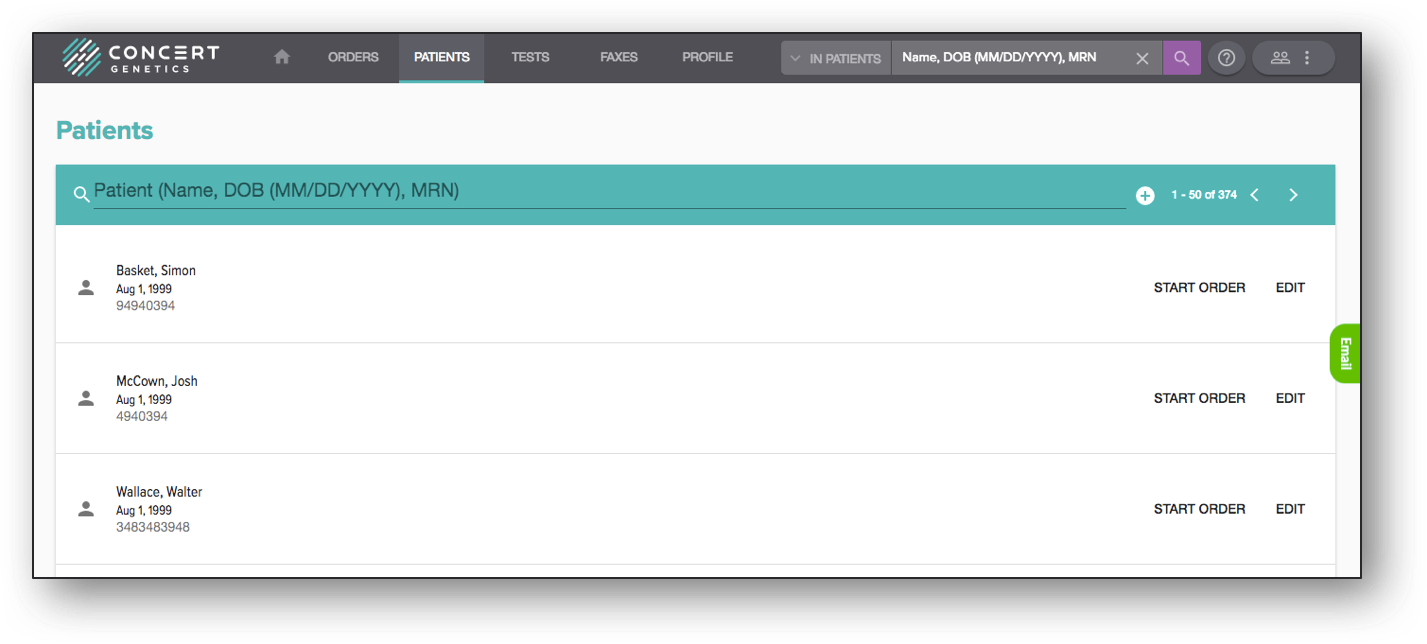 Patients · Concert Genetics User Guide