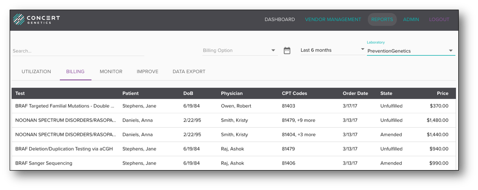 Billing · Concert Genetics User Guide