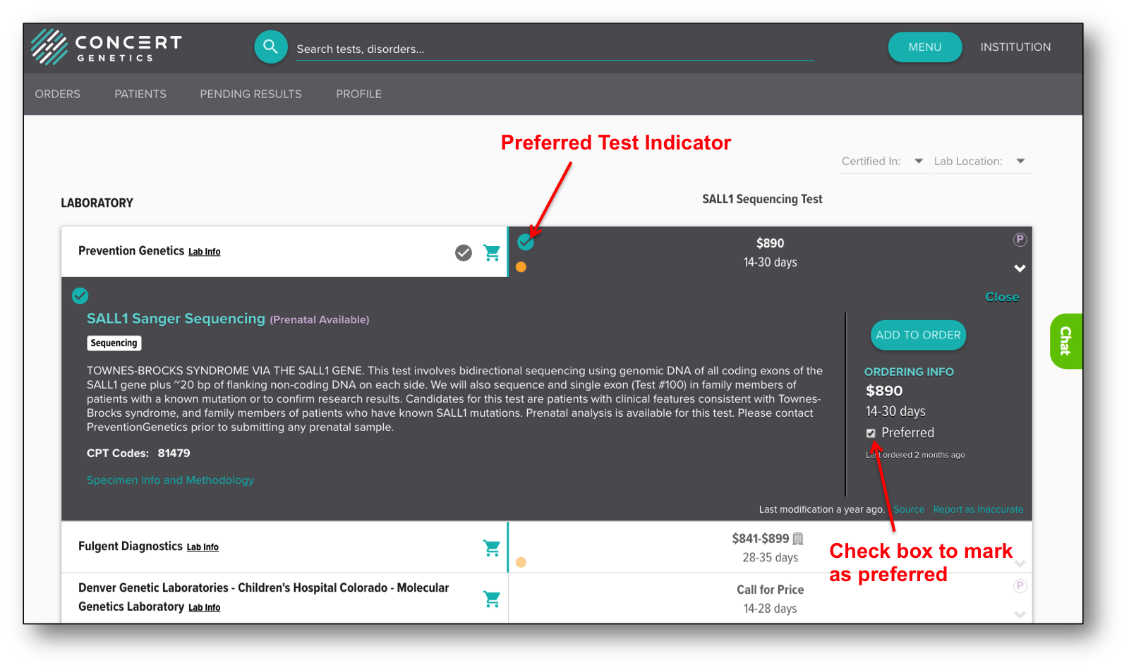 Manage Tests · Concert Genetics User Guide